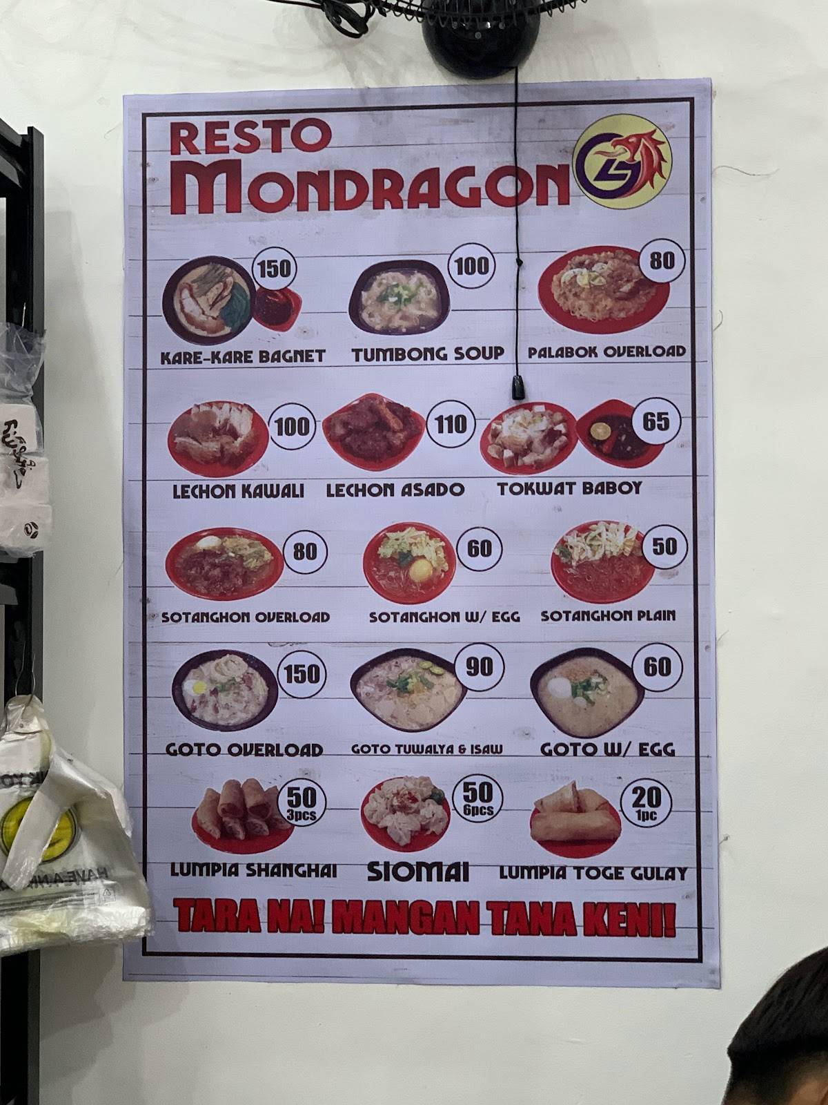Menu at Resto Mondragon restaurant, Manila