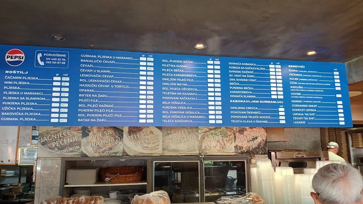 Menu at Чачанин restaurant, Belgrade