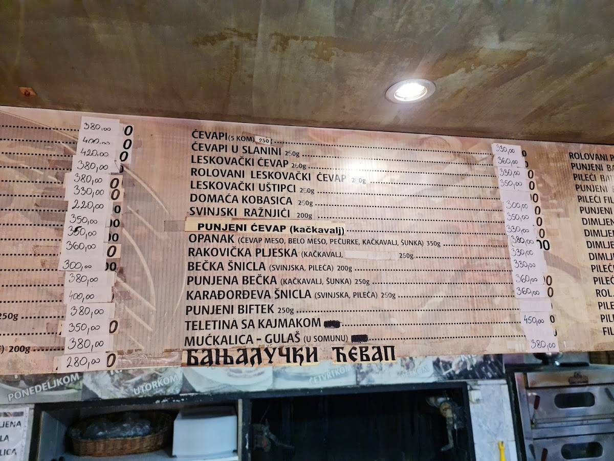 Menu at Restoran ČAČANIN restaurant, Belgrade