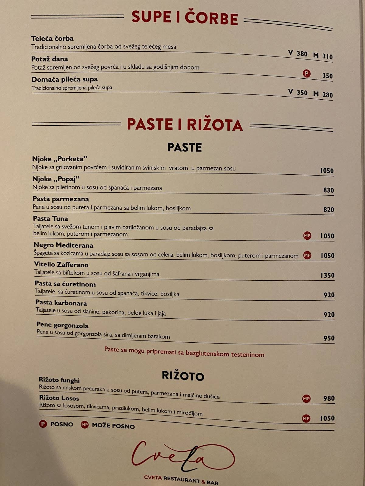 Menu at Restoran Cveta restaurant, Užice
