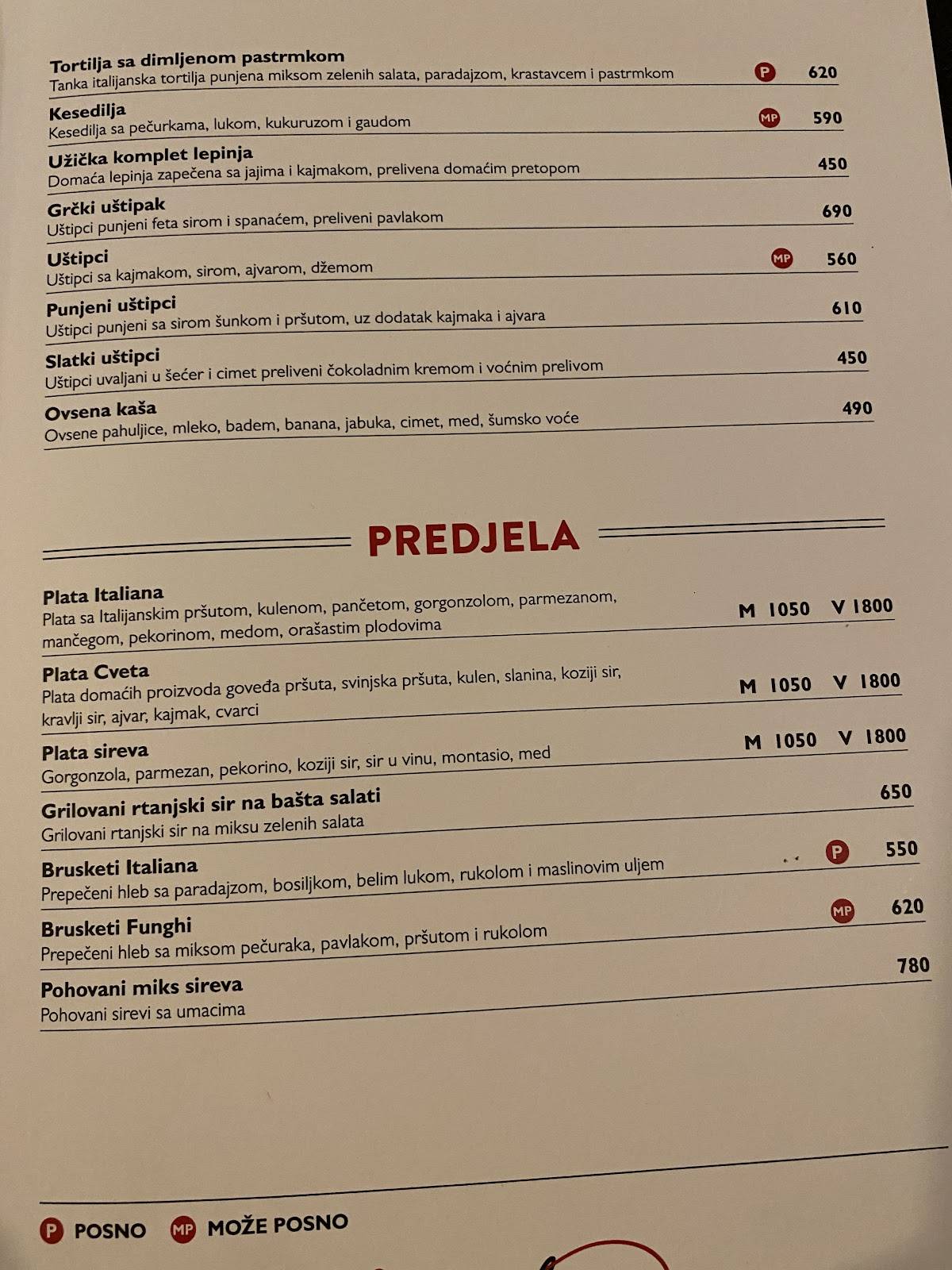 Menu at Restoran Cveta restaurant, Užice