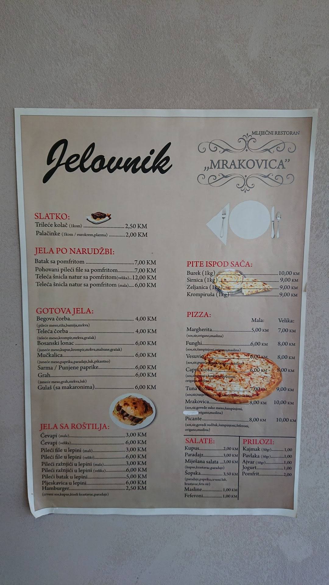 Menu at Restoran Mrakovica restaurant, Kozarac
