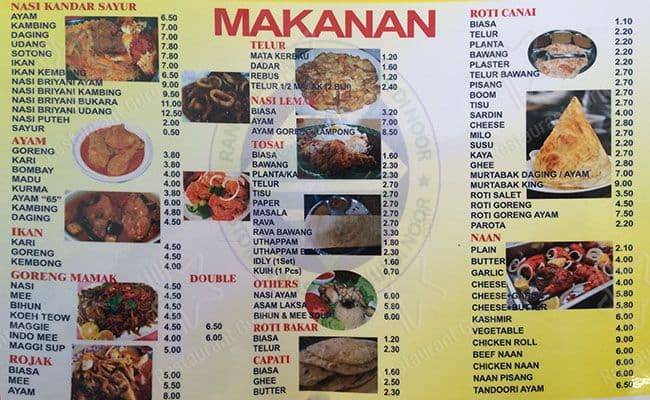Menu at Restoran Nasi Kandar Di Noor restaurant, Puchong