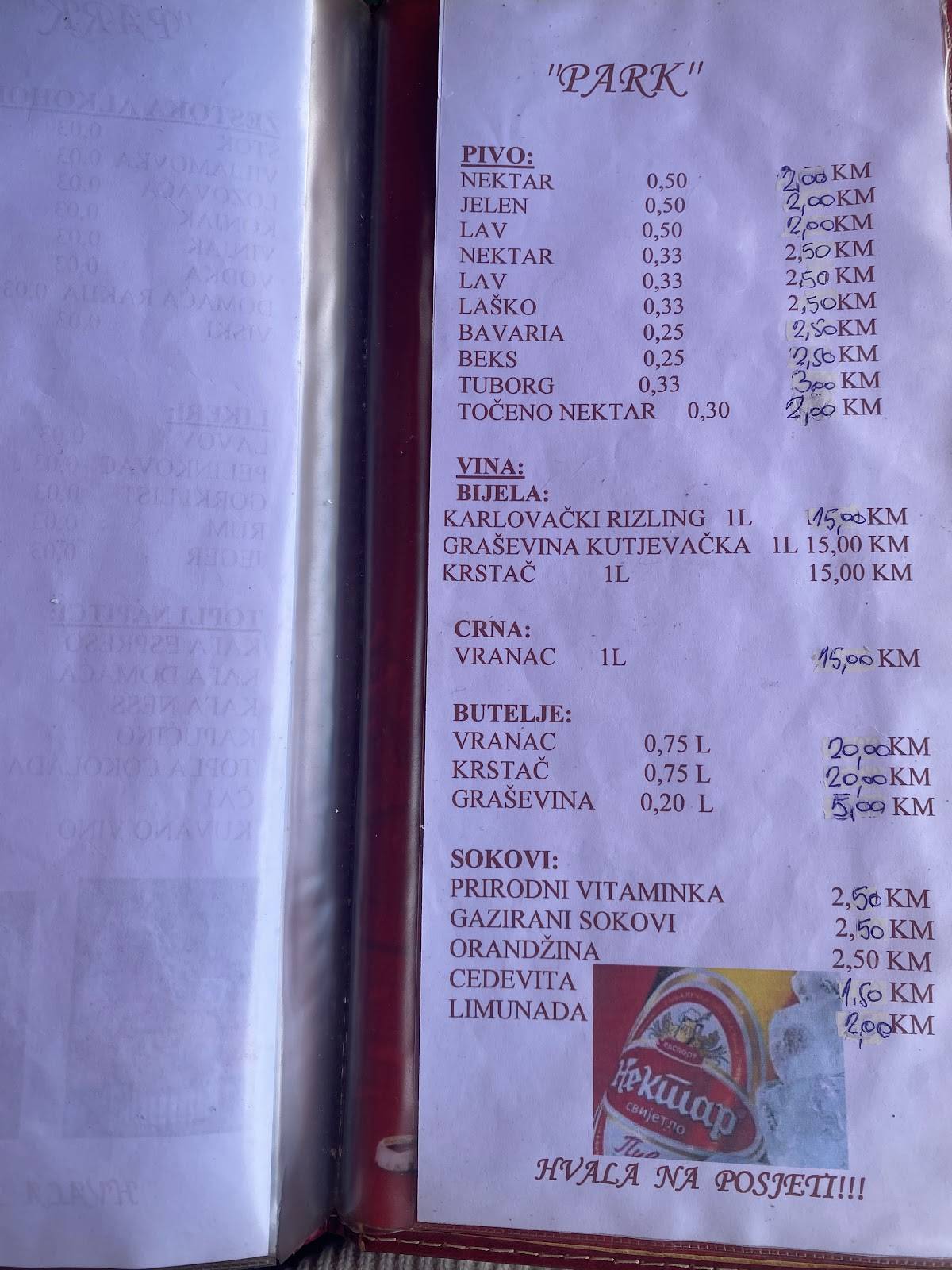 Menu at Restoran "Park" restaurant, Glamoč