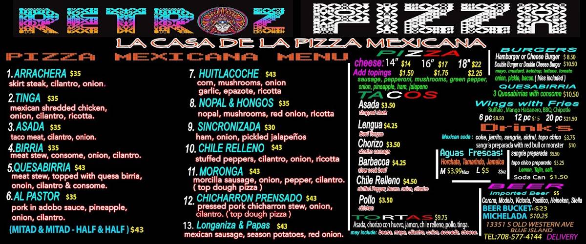 Menu at Retroz Pizza restaurant, Blue Island