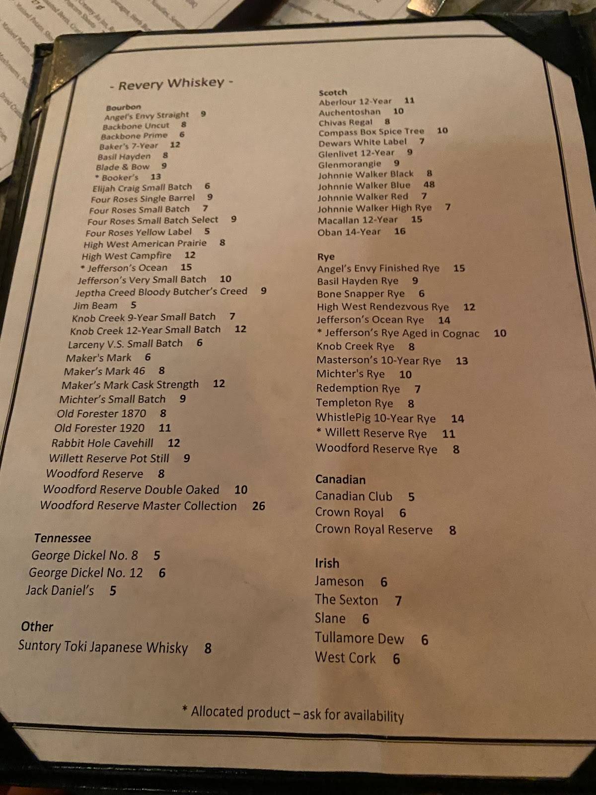 Menu at Revery restaurant, Greenwood