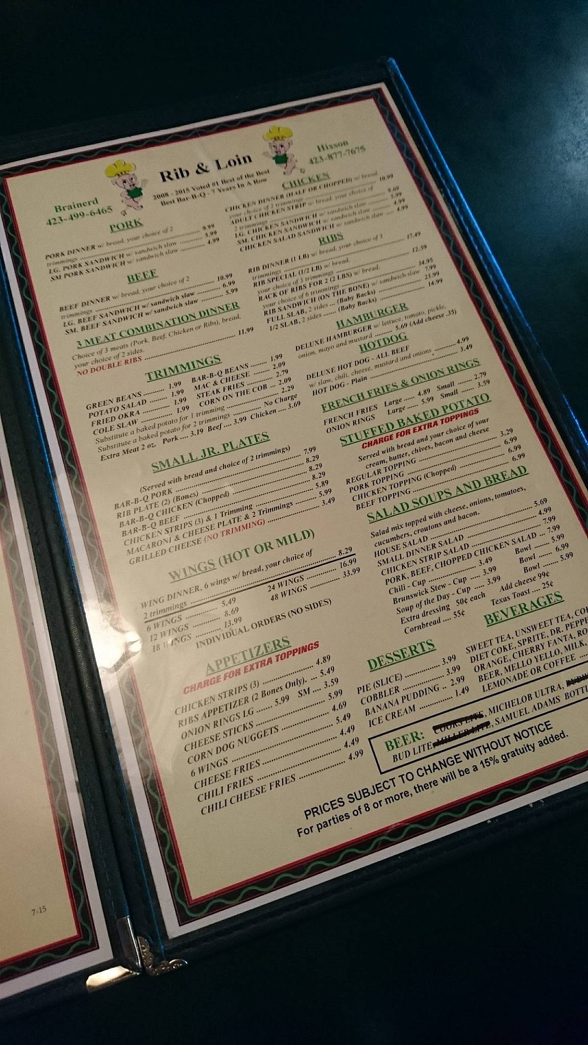 Menu at Rib & Loin BBQ, Chattanooga, Brainerd Rd