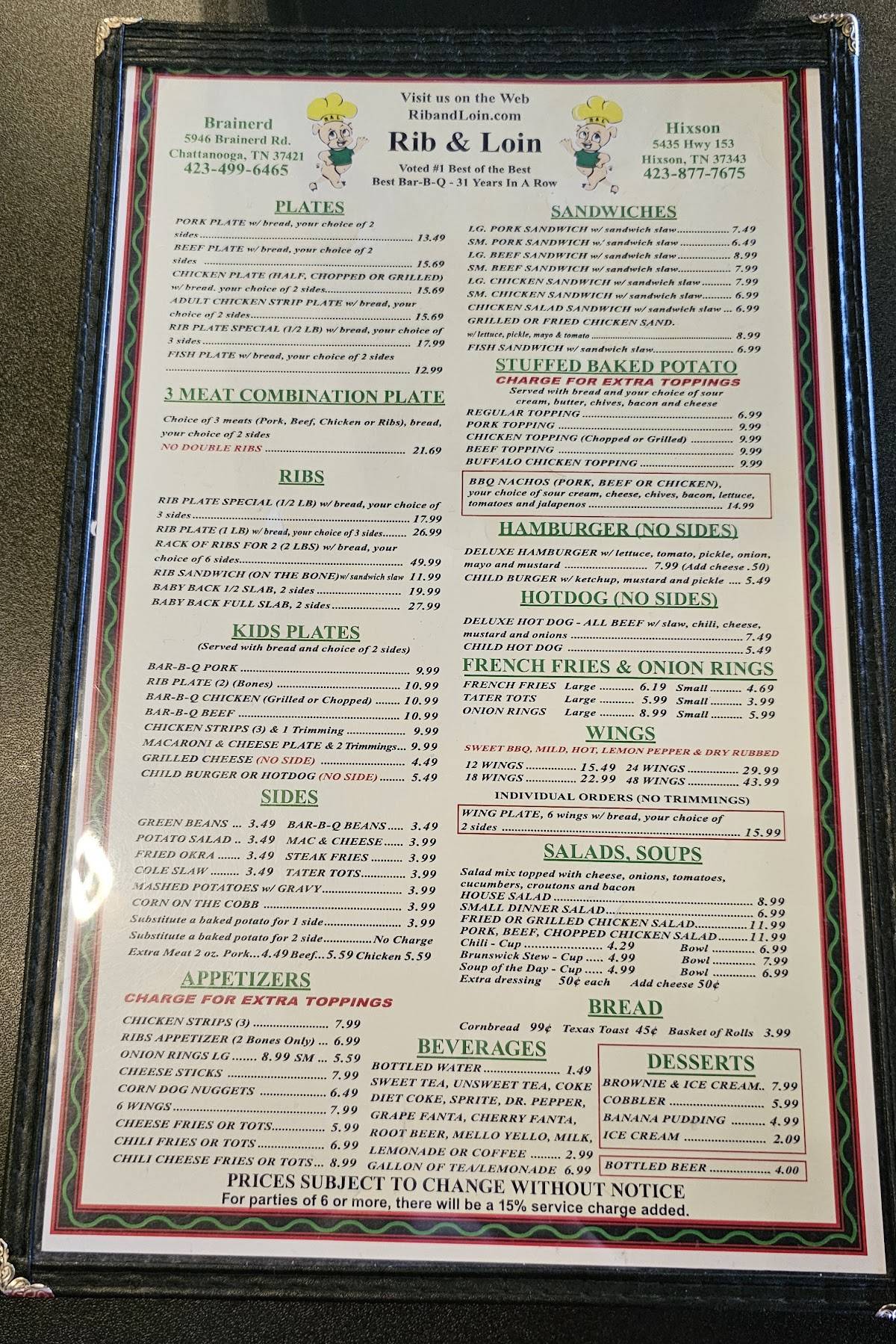Menu at Rib & Loin BBQ, Chattanooga, Brainerd Rd