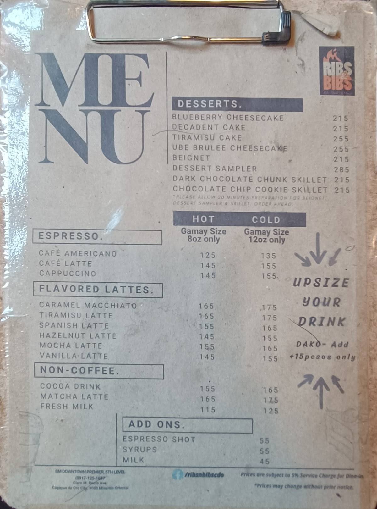 Menu at Ribs & Bibs SM CDO Downtown restaurant, Cagayan de Oro, Level 5