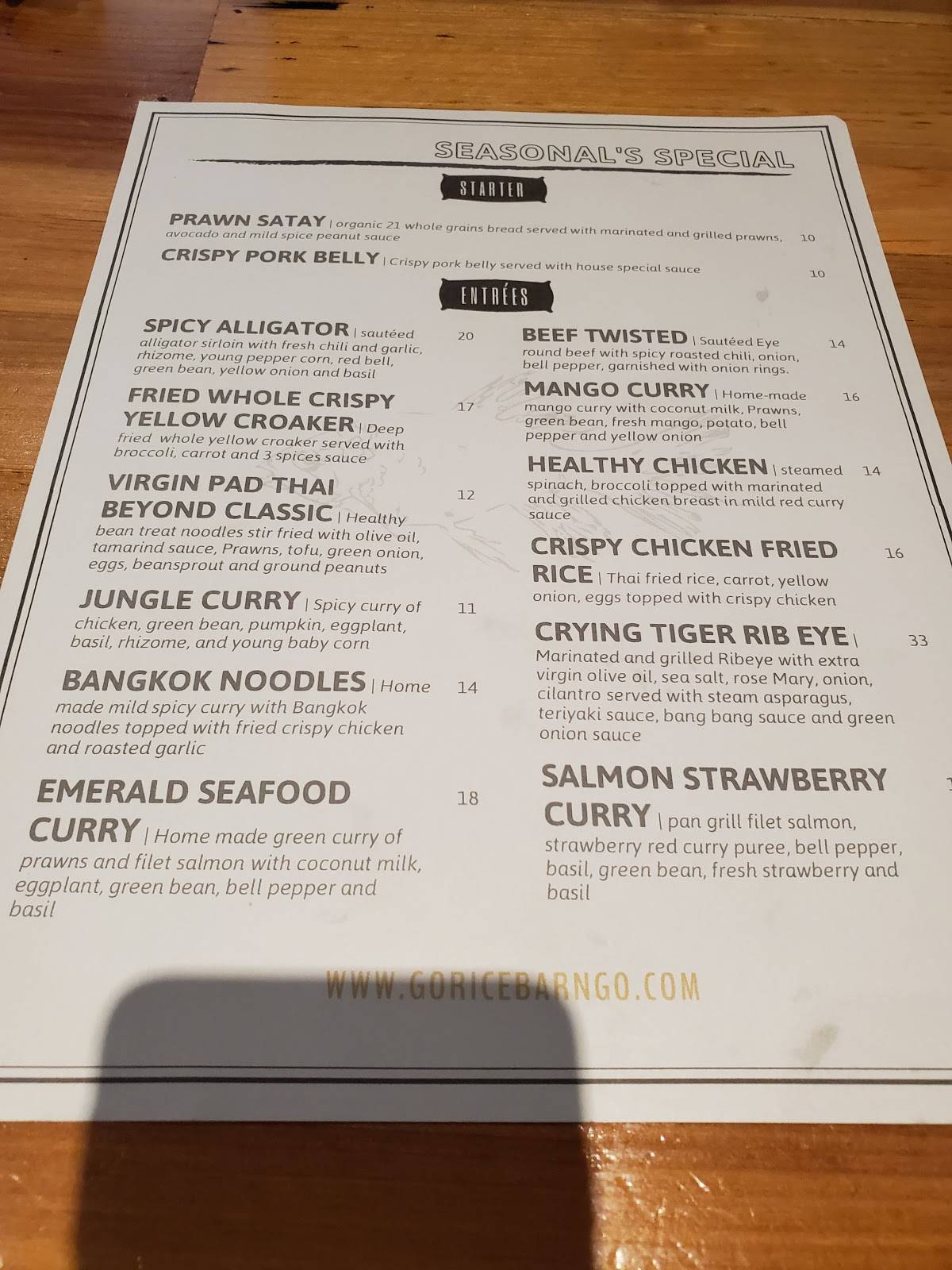 Menu at Rice Barn Thai Eatery and Wine Bar, Vacaville