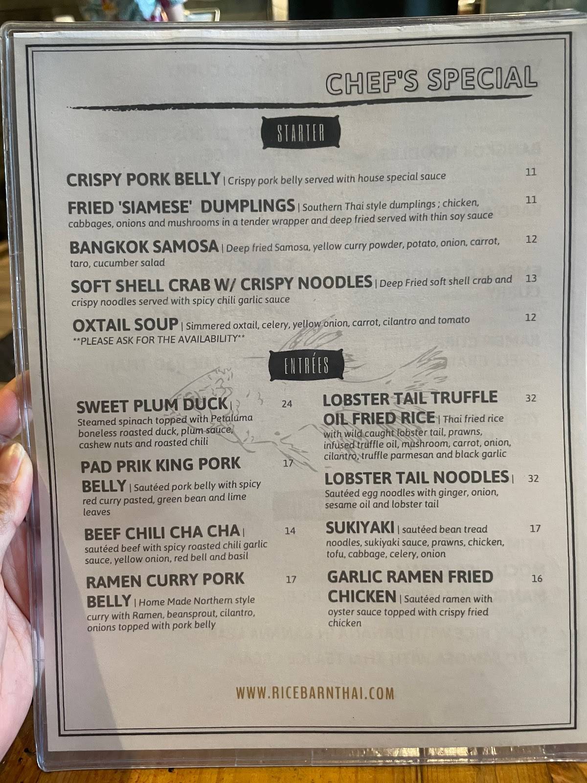 Menu at Rice Barn Thai Eatery and Wine Bar, Vacaville