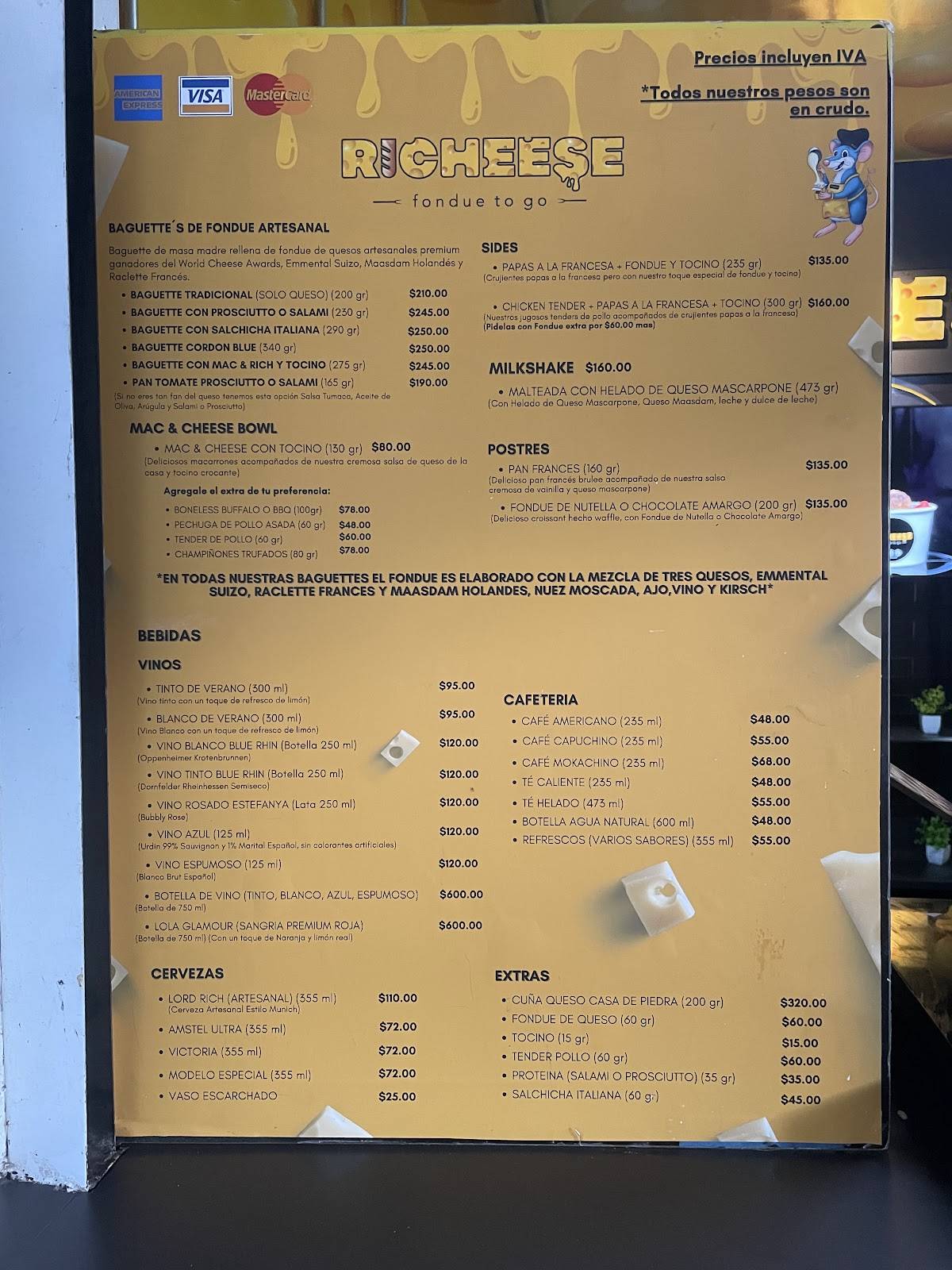 Menu at Richeese Polanco restaurant, Mexico City