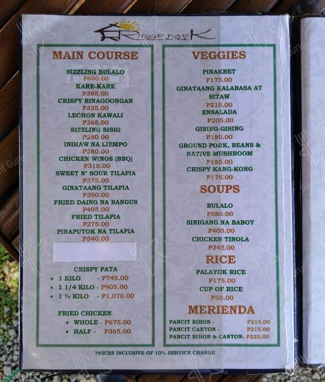 Menu at Ridge Park Kainan sa Kubo restaurant, Tagaytay, 3WXW+X75