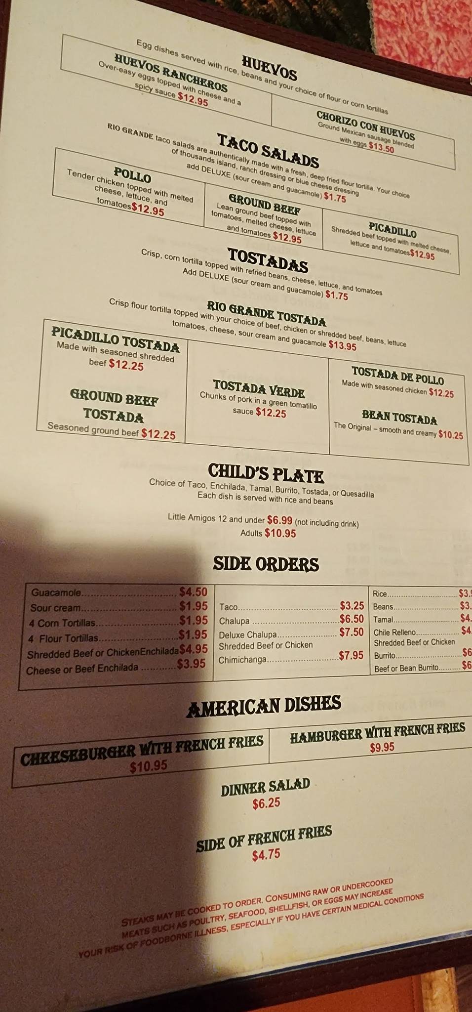 Menu at Rio Grande restaurant, Coulee Dam