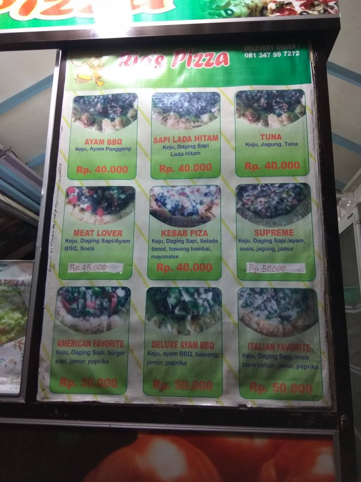 Menu at Rio's Pizza restaurant, Tenggarong