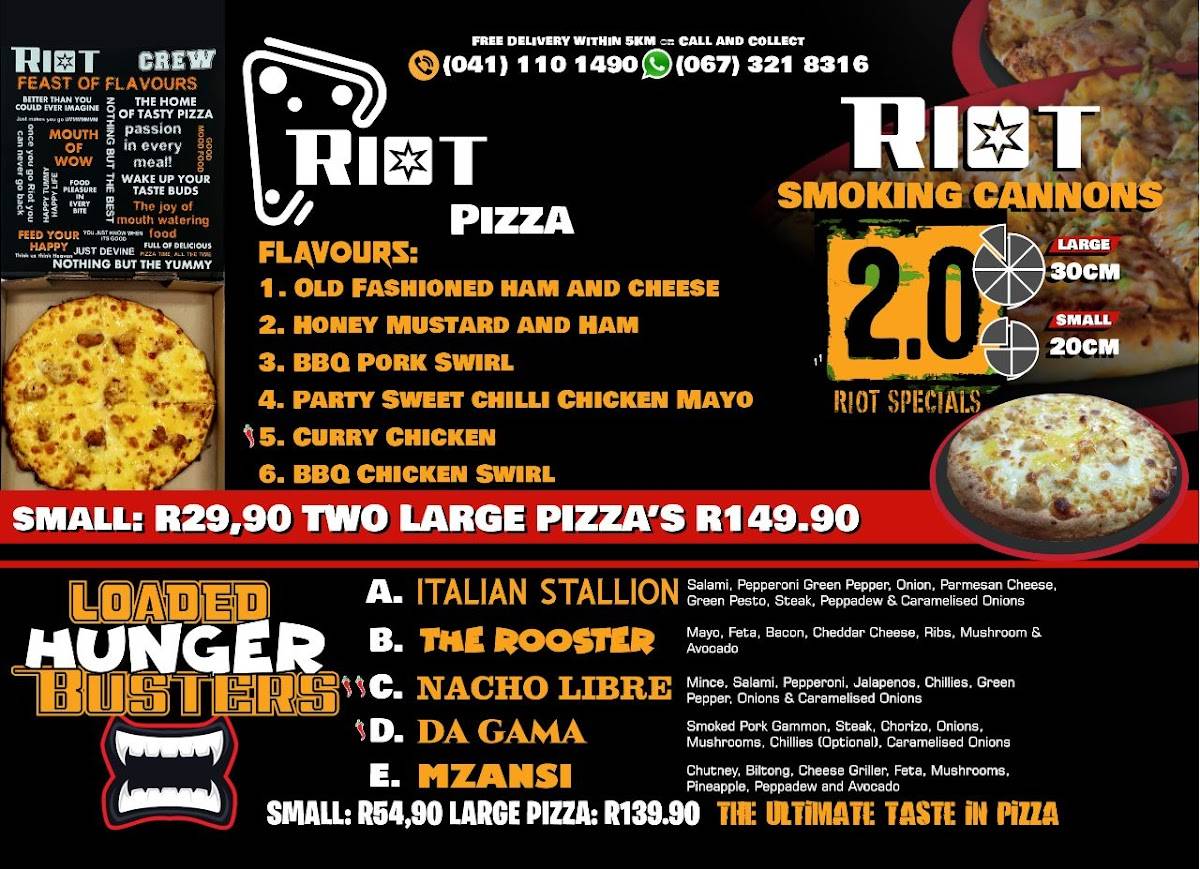 Menu at Riot Pizza manufacturing restaurant, Port Elizabeth