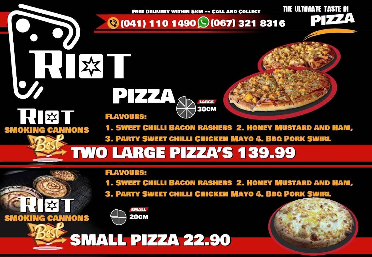 Menu at Riot Pizza manufacturing restaurant, Port Elizabeth