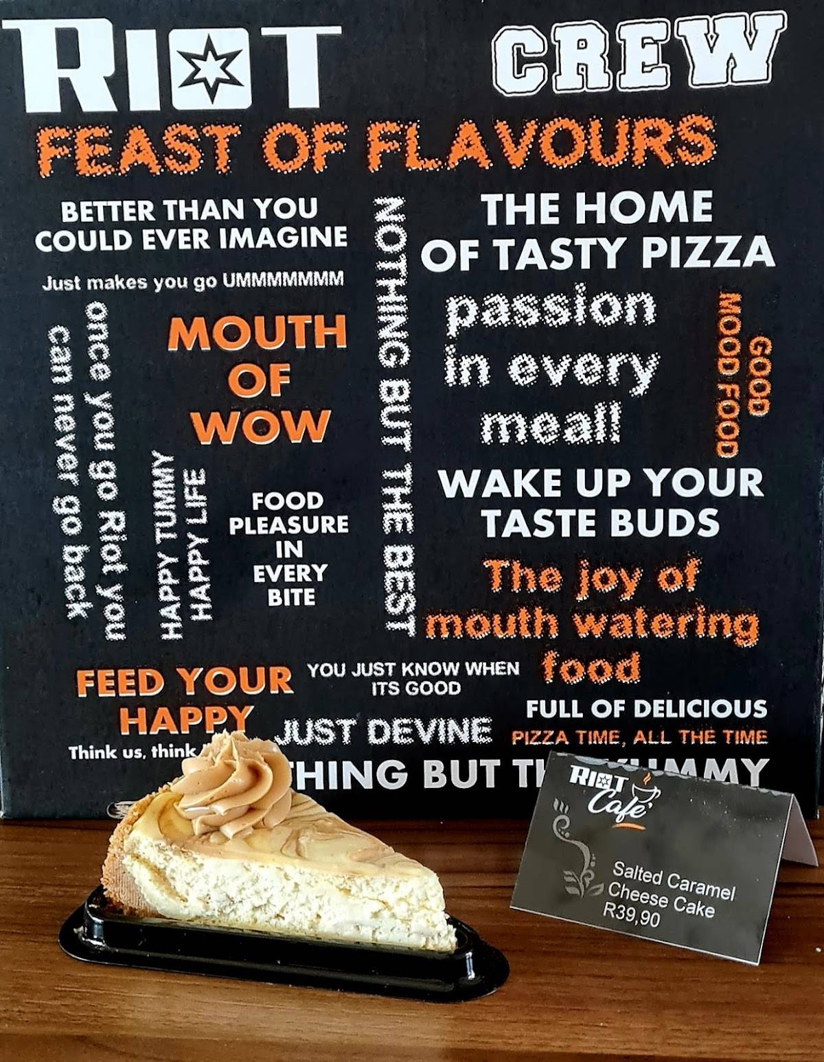 Menu at Riot Pizza manufacturing restaurant, Port Elizabeth