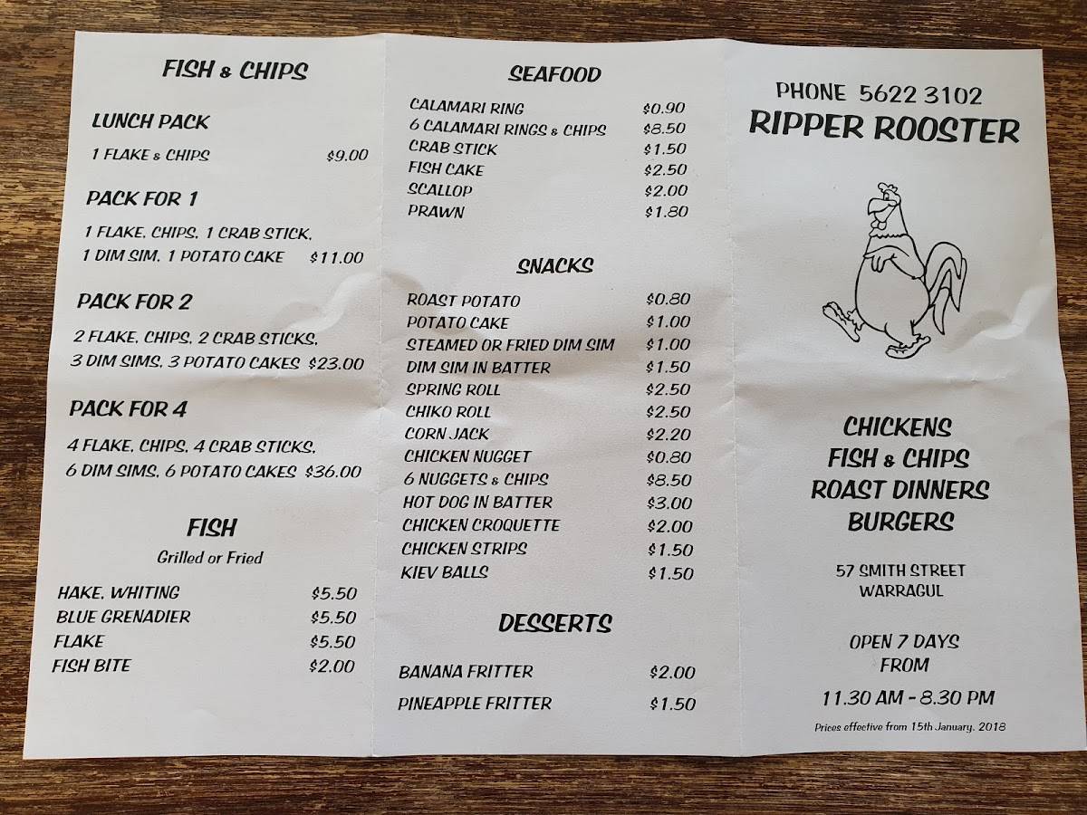 Menu at Ripper Rooster restaurant, Warragul