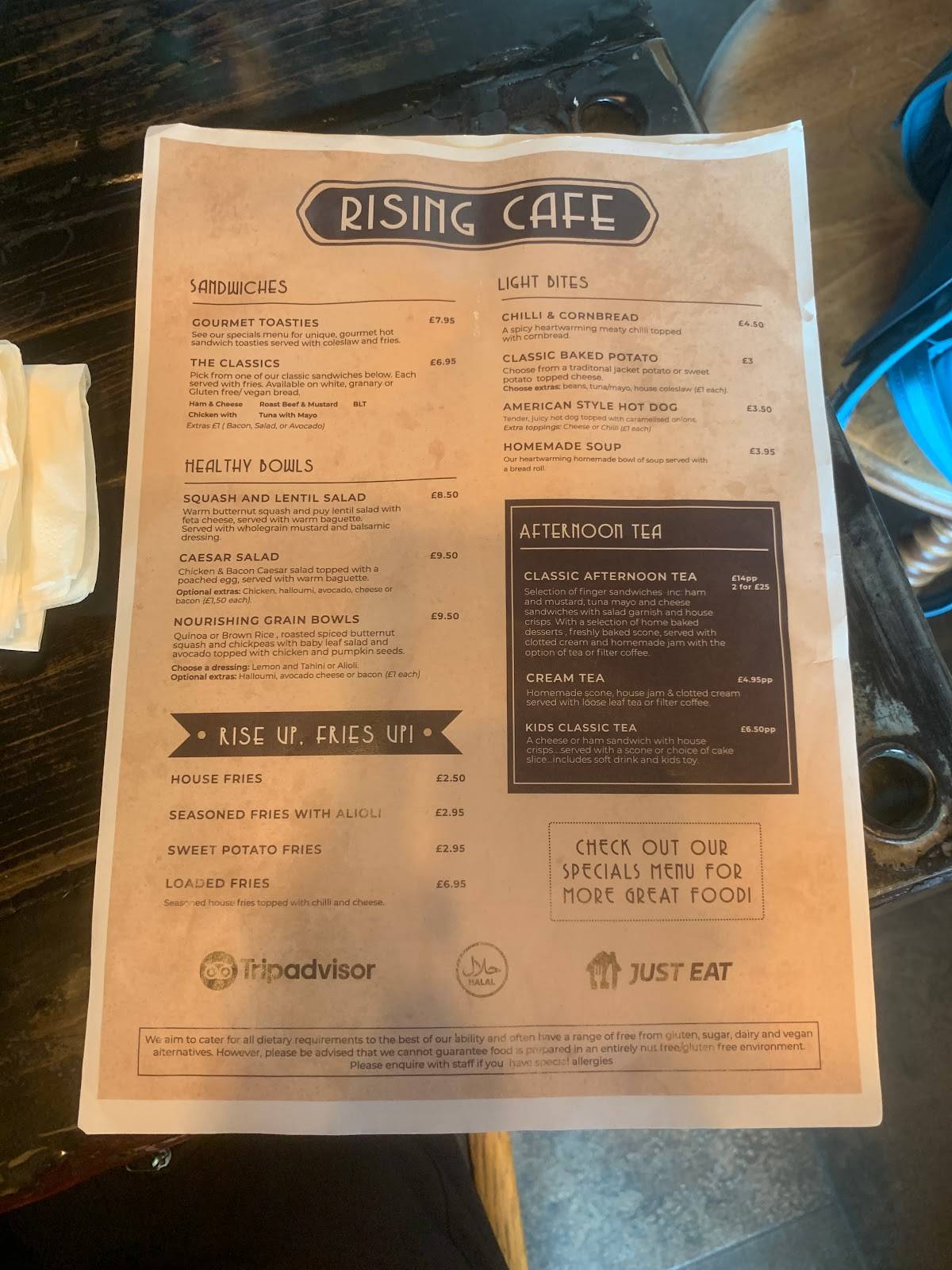 Menu at Rising Cafe, Birmingham