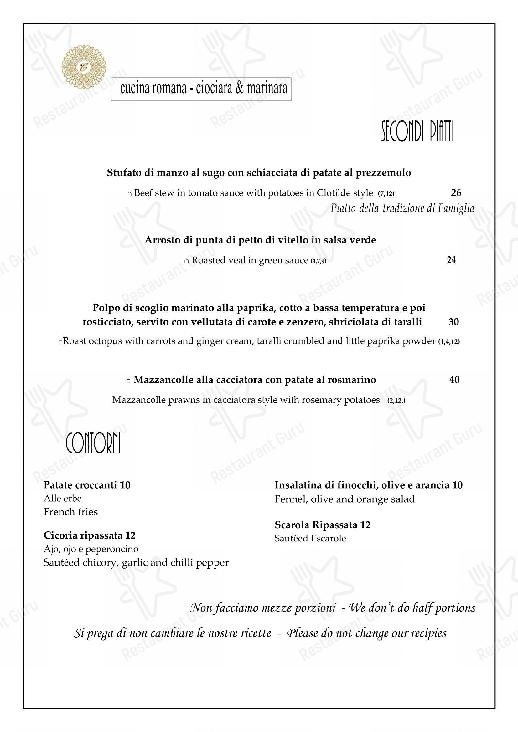 Carta de Ristorante Clotilde Roma, Roma, Piazza Cardelli
