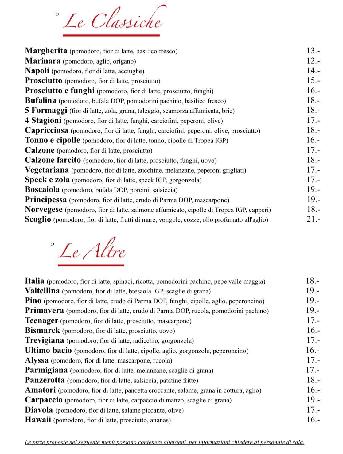 Menu da Ristorante La Pergola, Cadempino