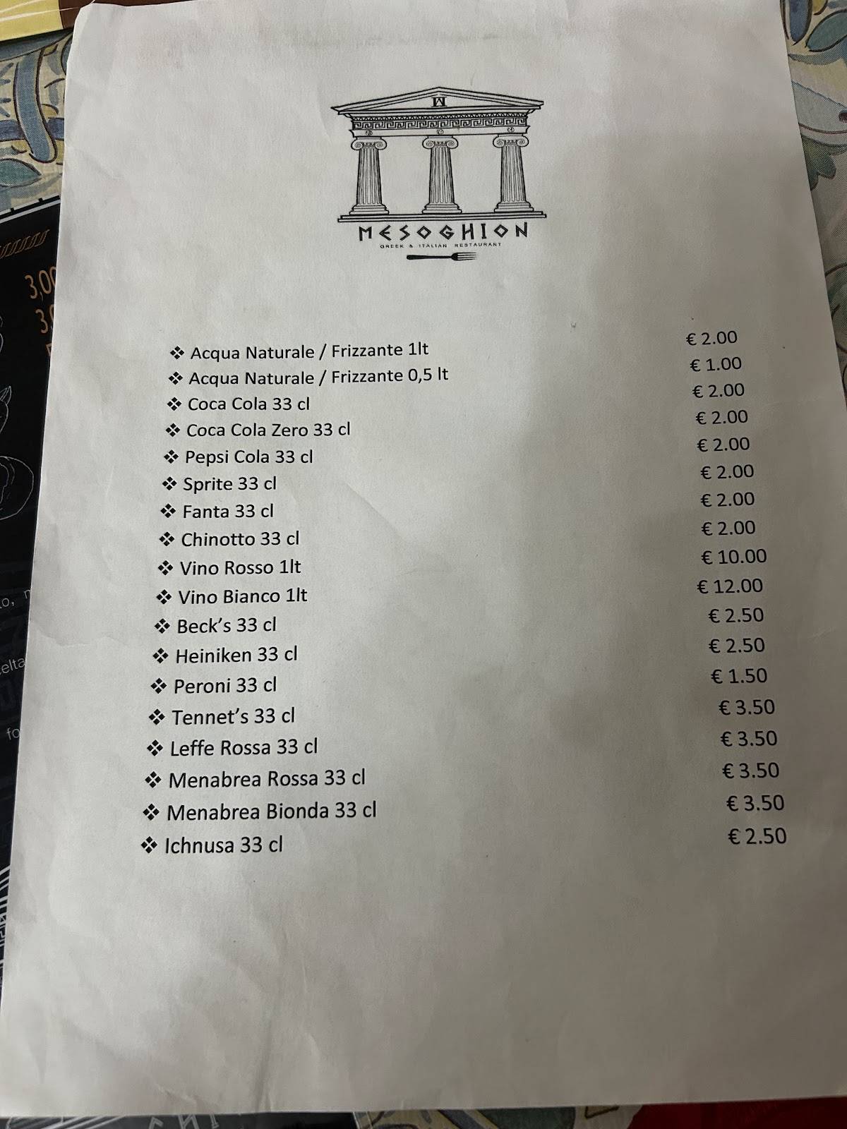 Menu da Ristorante Mediterraneo, Bova Marina