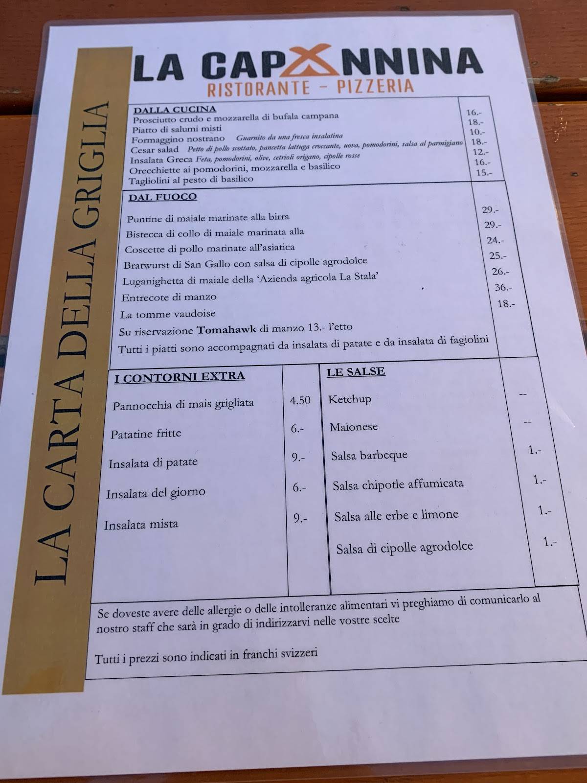 Menu da Ristorante Pizzeria La Capannina, Mezzovico-Vira