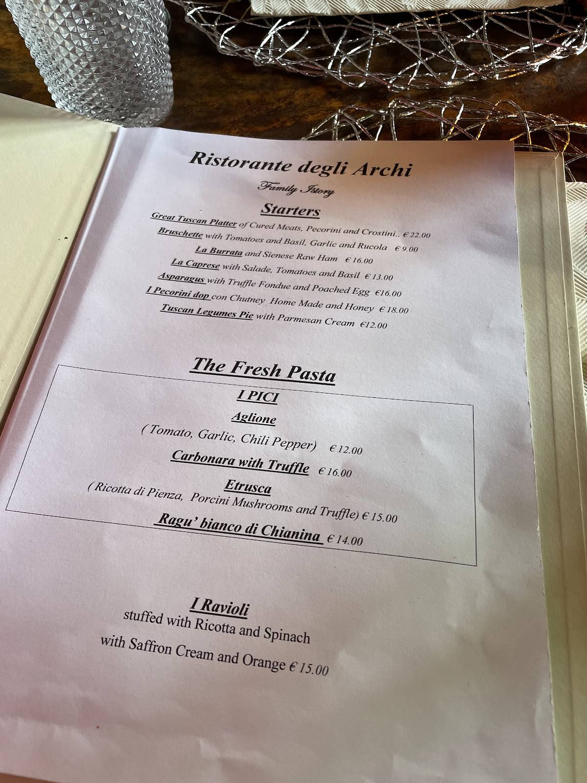 Menu at Ristorante degli Archi, Montepulciano