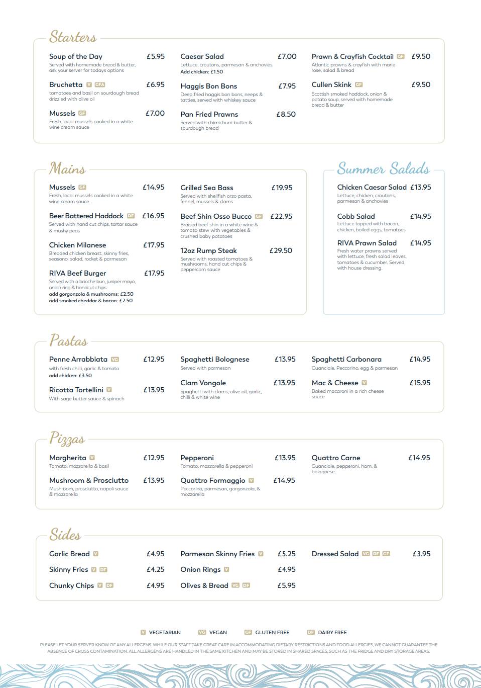 Menu at Riva Restaurant, Helensburgh