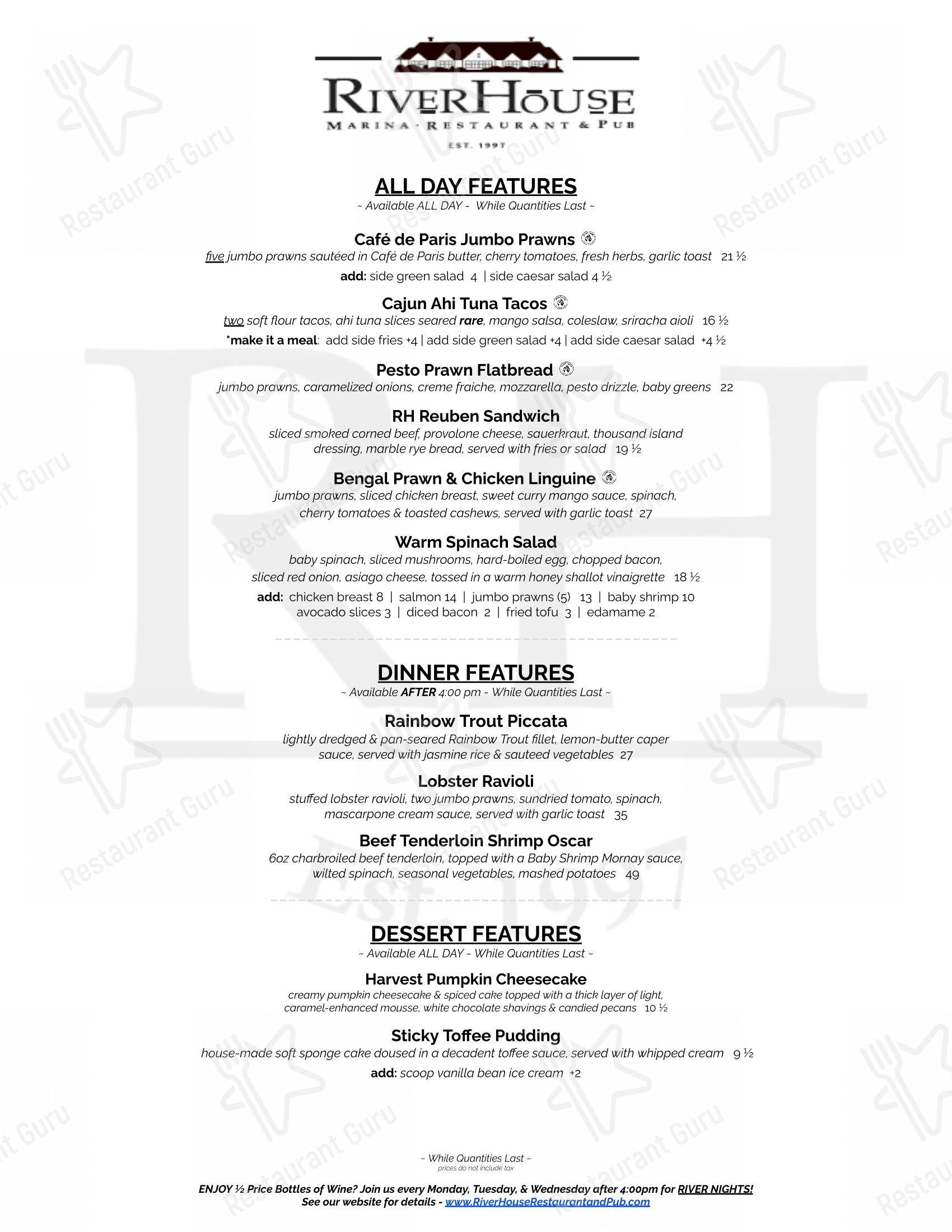 Menu at RiverHouse Restaurant & Pub, Delta, River Rd