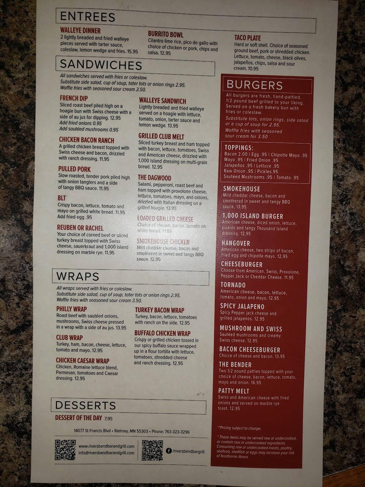 Menu at Riversbend Bar & Grill, Ramsey