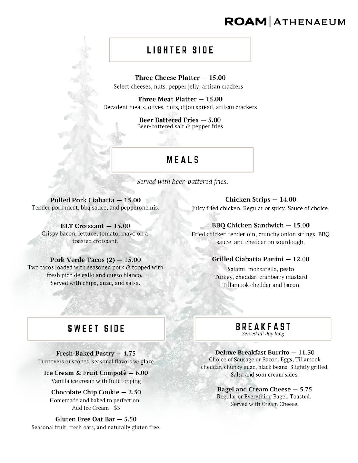 Menu at Roam Athenaeum restaurant, Medical Lake
