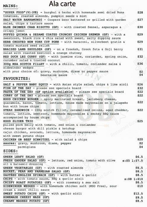 Menu at The Robin Hood Hotel restaurant, Norwood