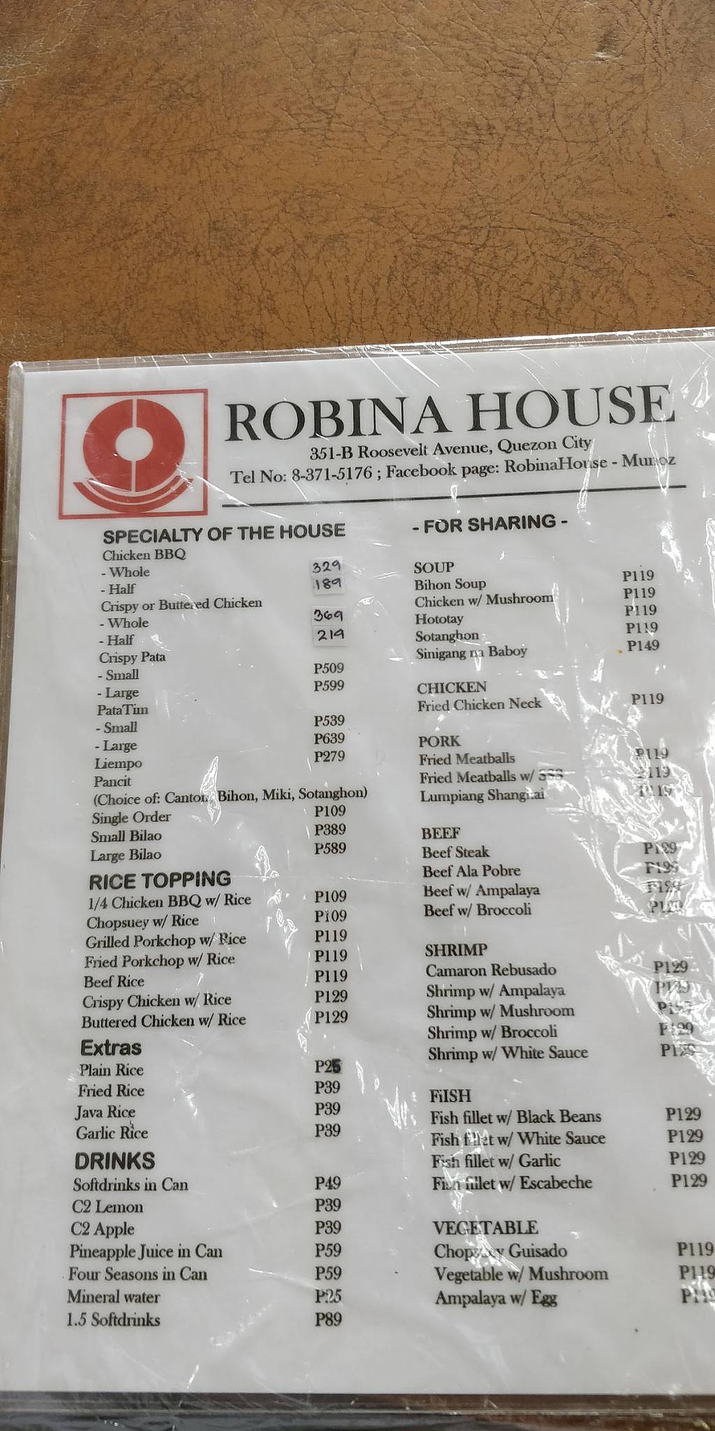 Menu at Robina Chicken Munoz restaurant, Quezon City