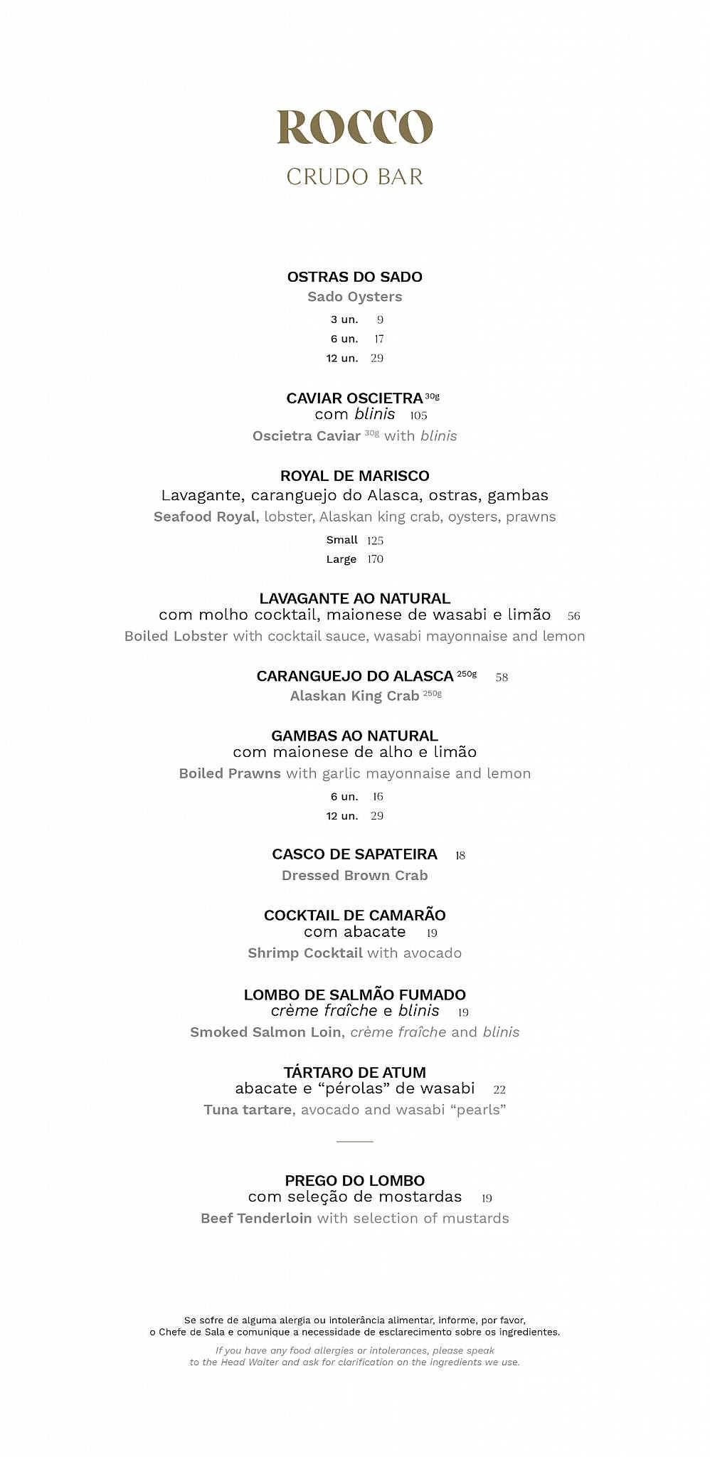 Menu at Rocco restaurant, Lisbon