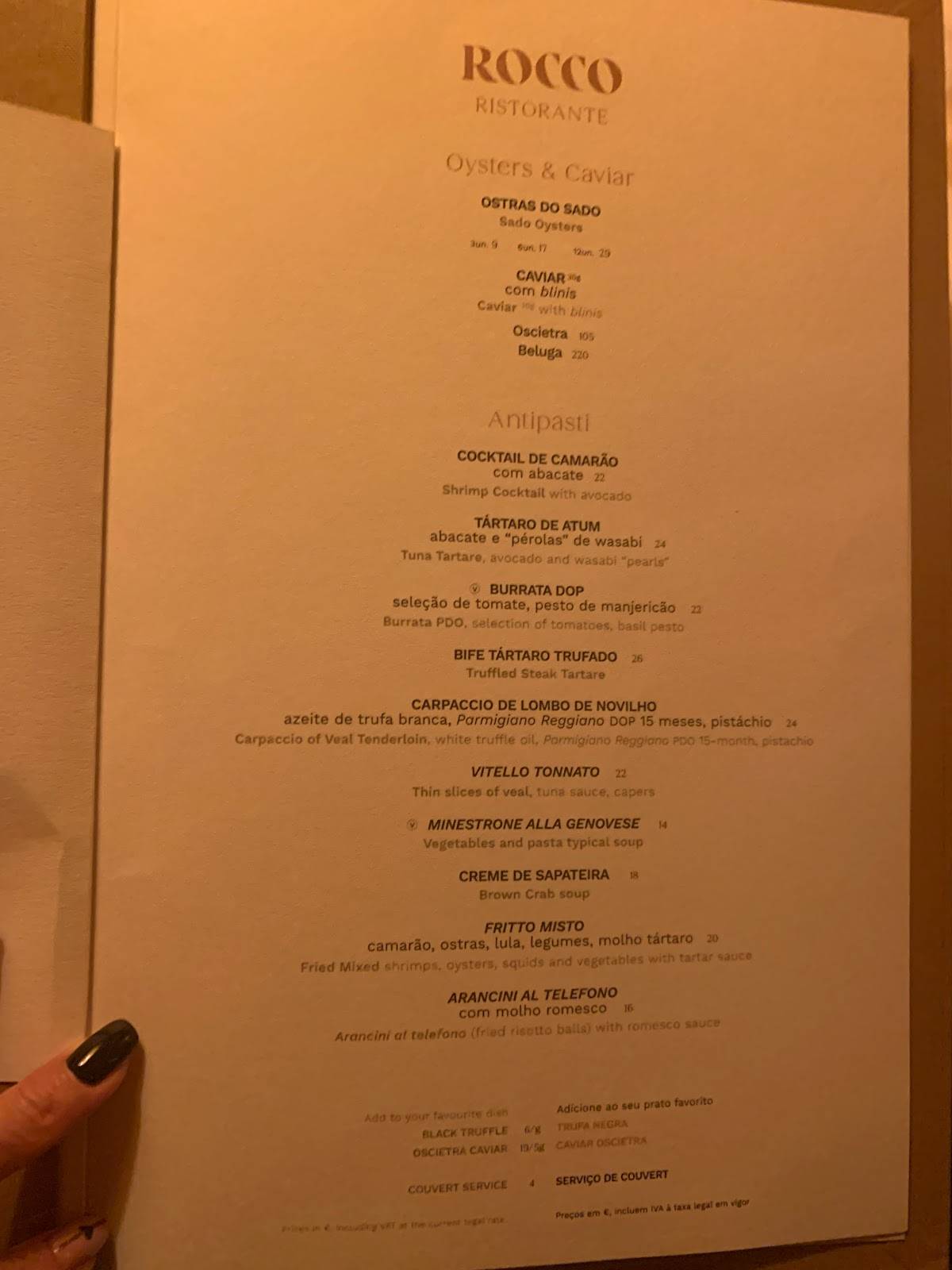 Menu at Rocco restaurant, Lisbon