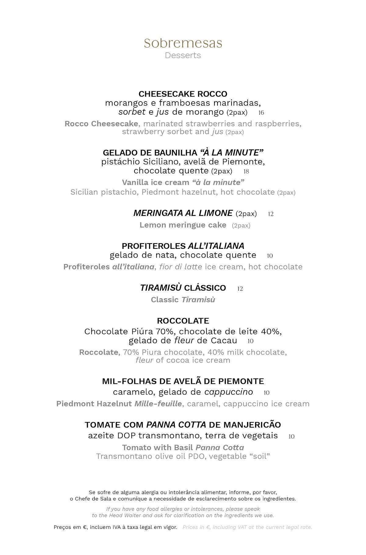 Menu at Rocco restaurant, Lisbon