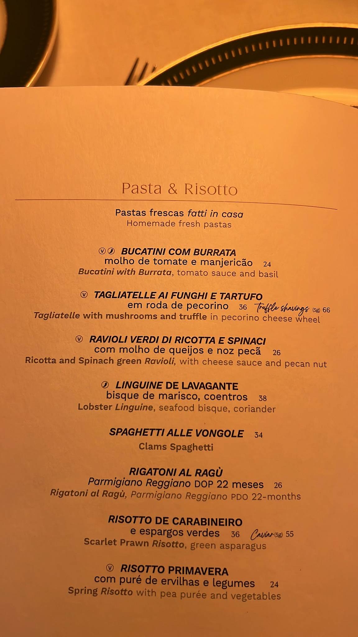 Menu at Rocco restaurant, Lisbon