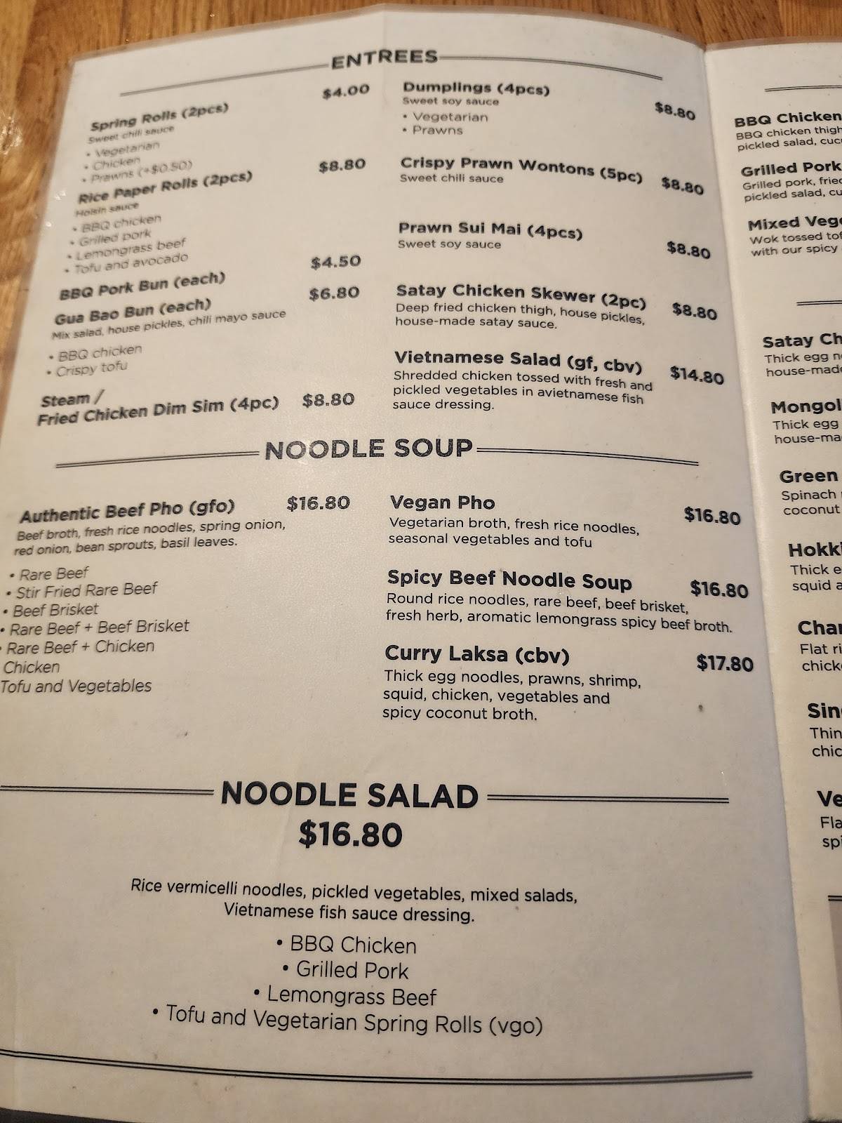 Menu at Rock Pho restaurant, South Yarra