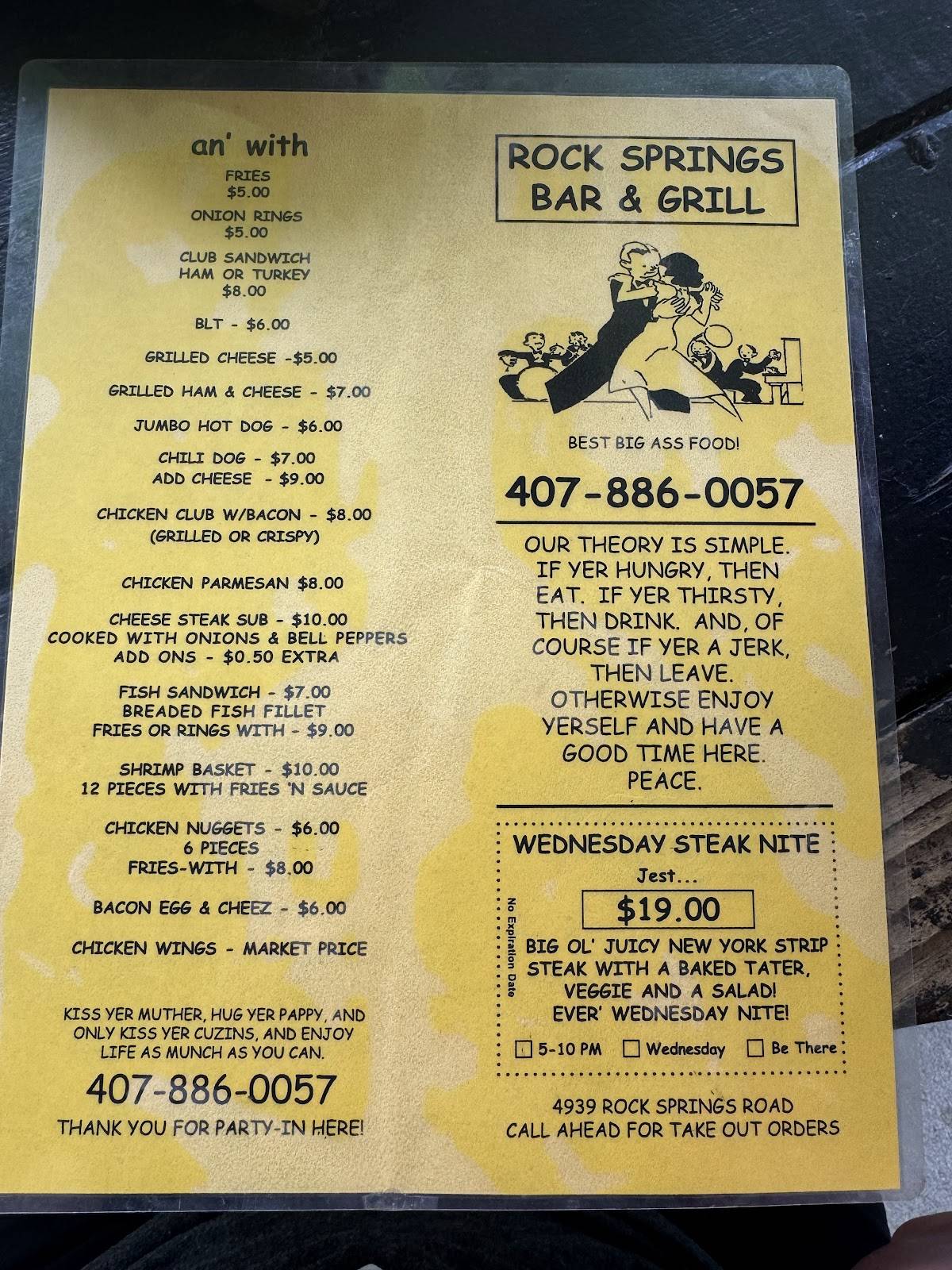 Menu at Rock Springs Bar & Grill, Apopka