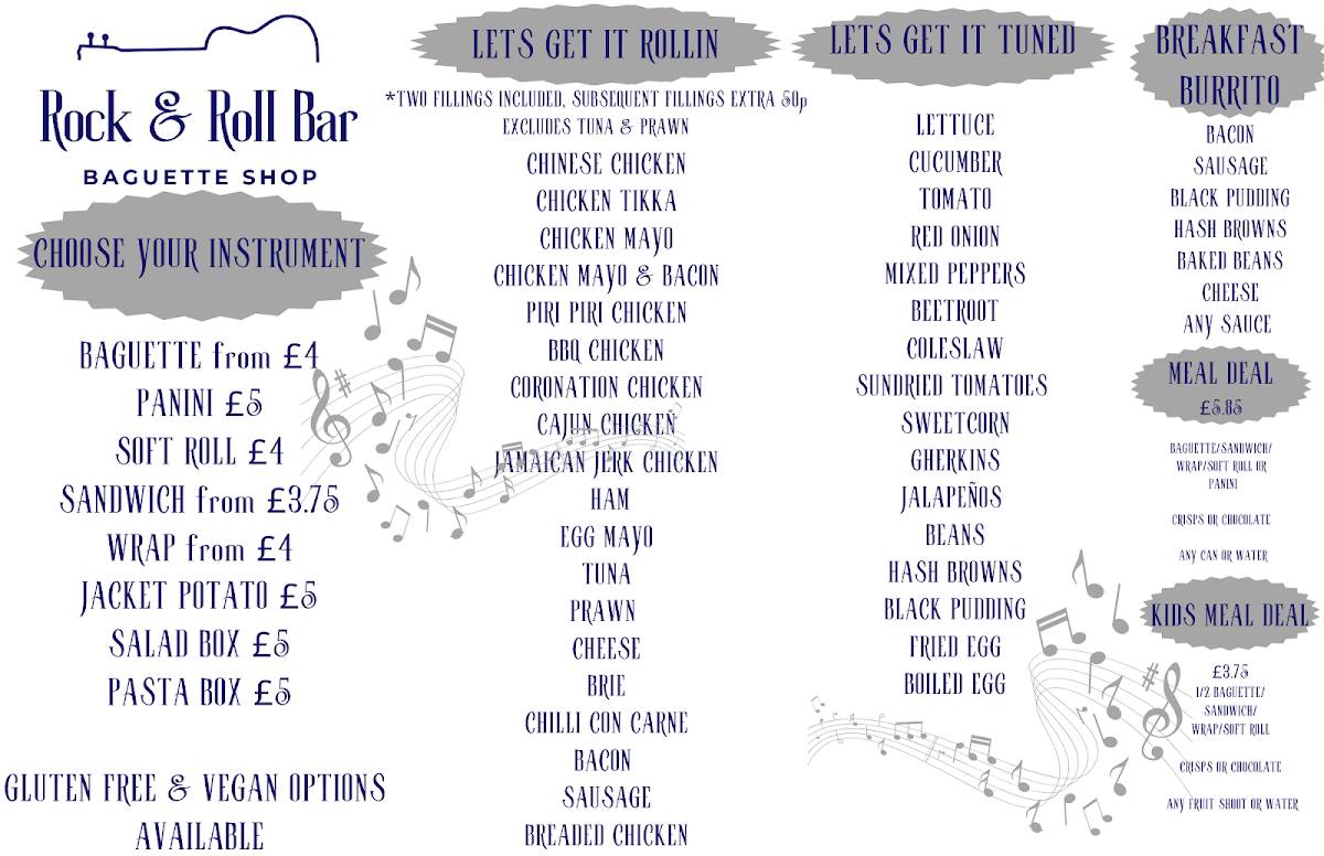 Menu at Rock & Roll Bar, Banbury