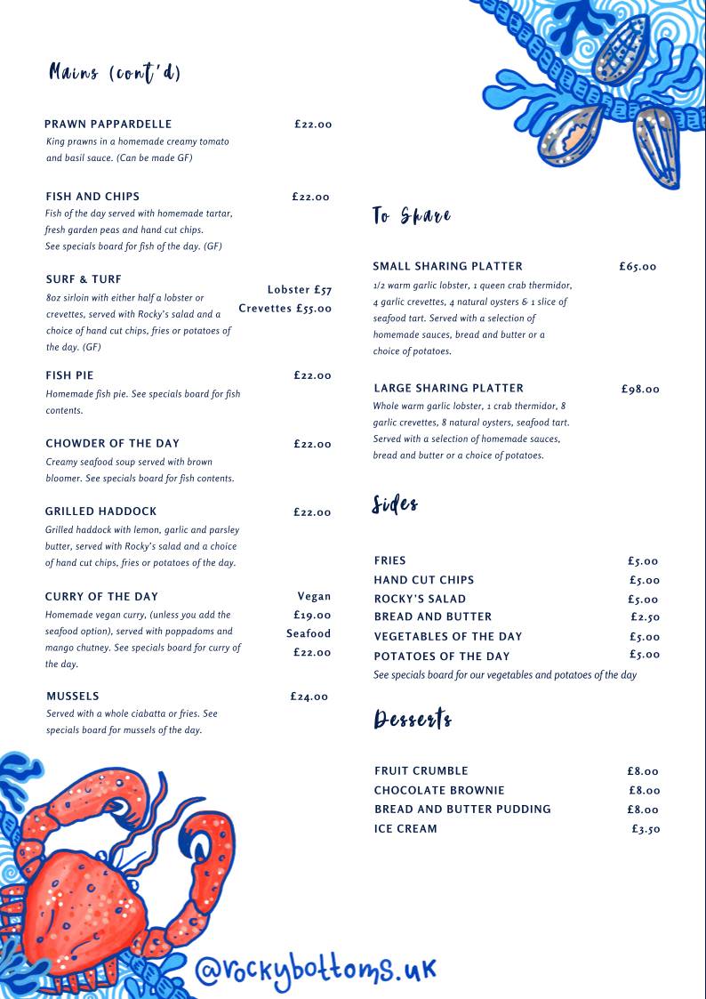 Menu at Rocky Bottoms restaurant, Cromer