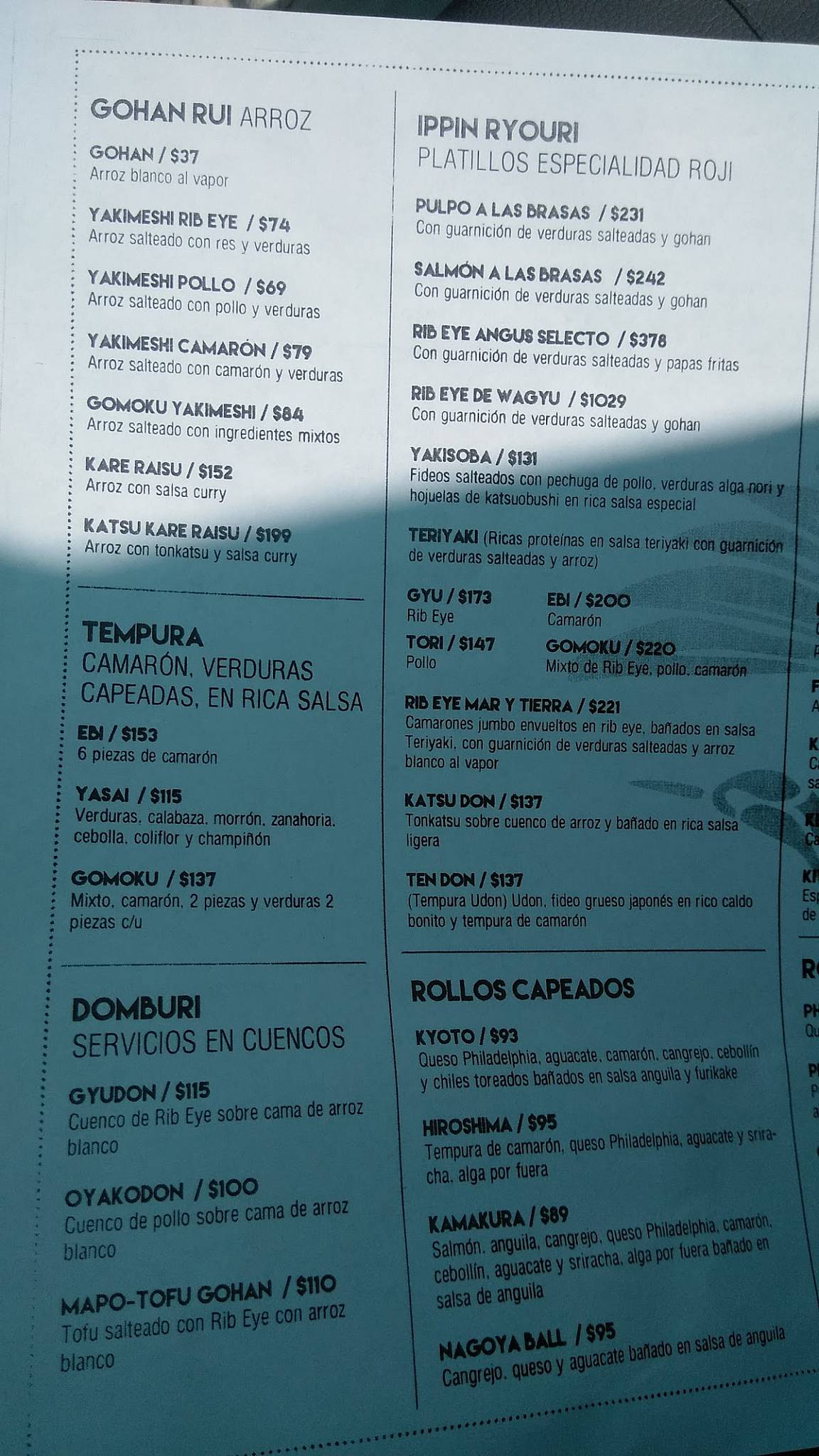 Carta del restaurante Roji Japanese Bistro, Ciudad Juarez