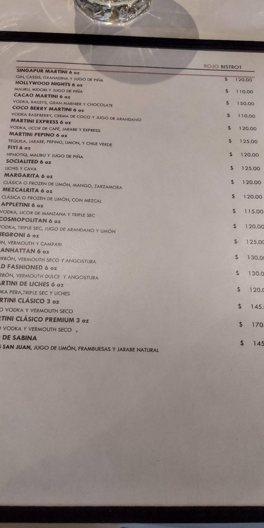 Carta del restaurante Rojo Bistrot, Ciudad del México
