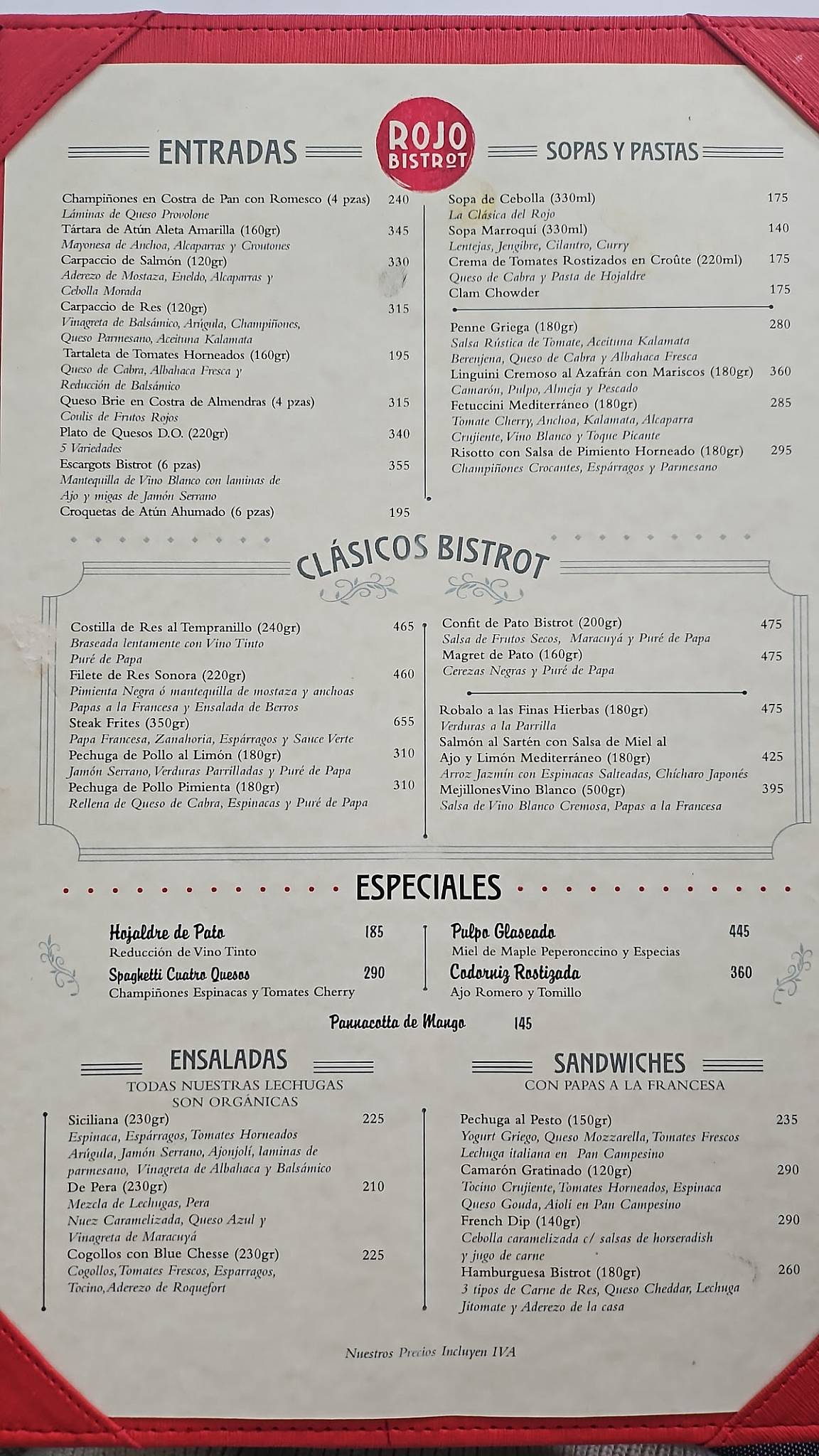 Carta del restaurante Rojo Bistrot, Ciudad López Mateos