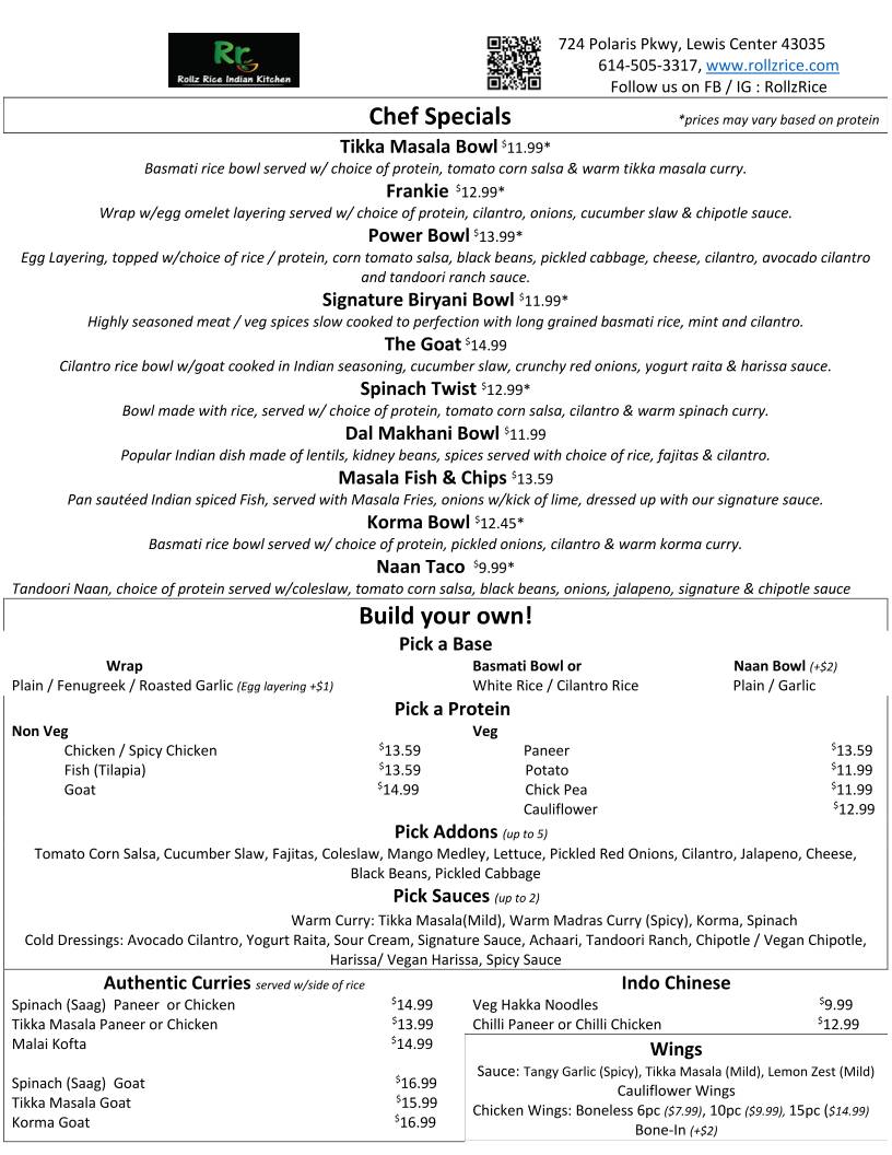 Menu at Rollz Rice Indian Kitchen restaurant, Lewis Center, 724 Polaris ...