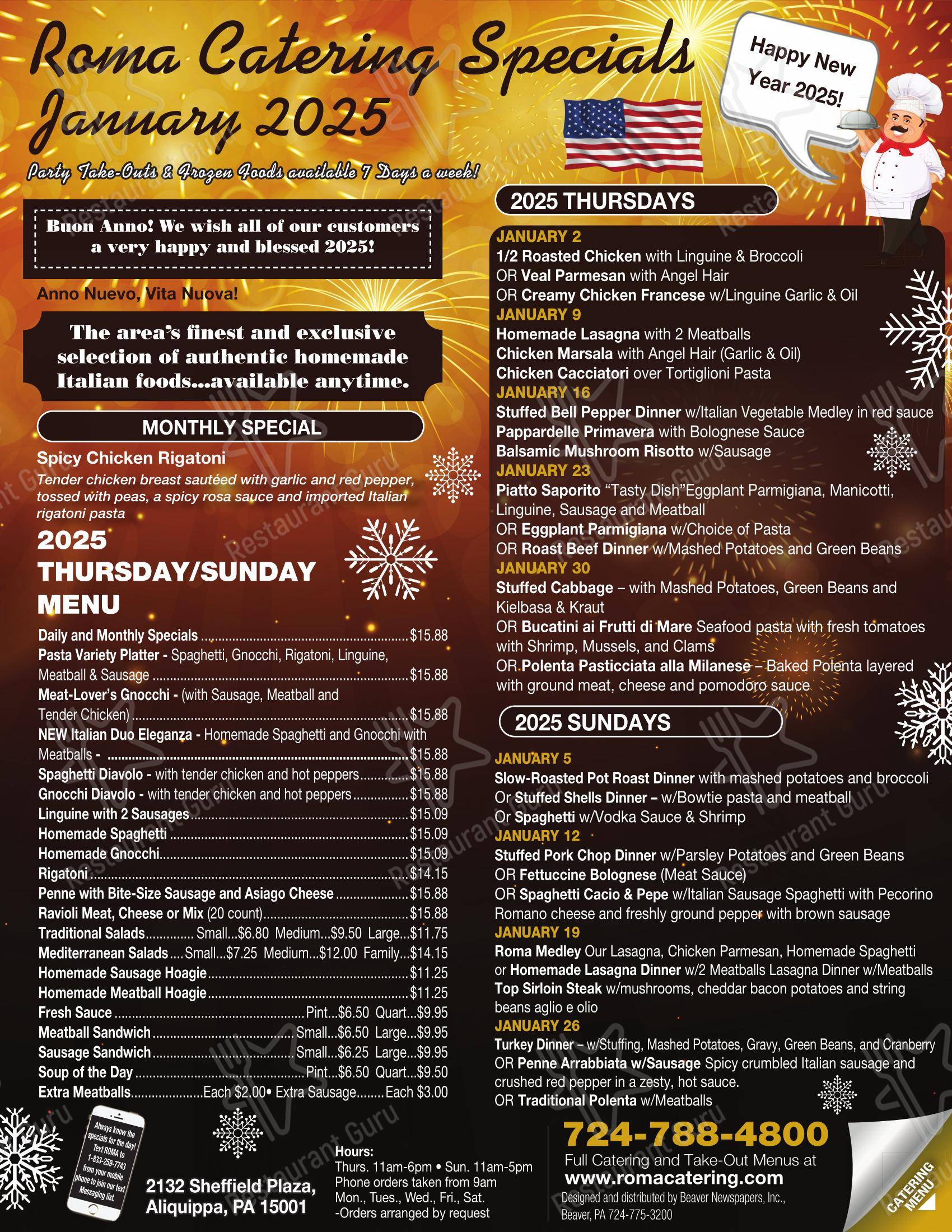 Menu at Roma Catering Aliquippa PA restaurant, Aliquippa