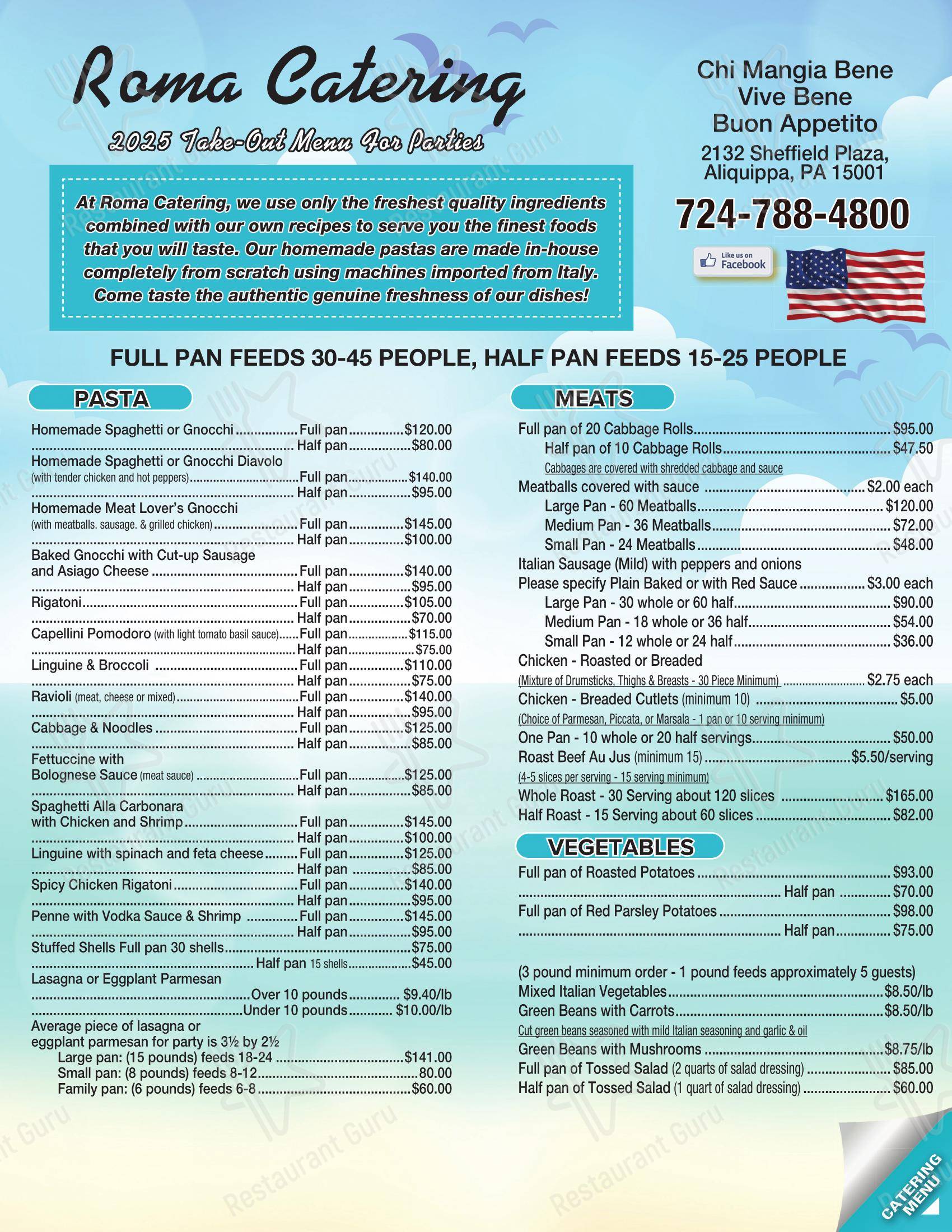 Menu at Roma Catering Aliquippa PA restaurant, Aliquippa