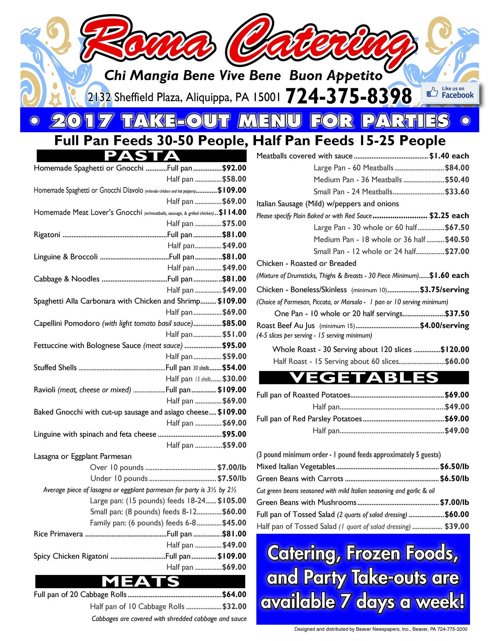 Menu at Roma Catering Aliquippa PA restaurant, Aliquippa